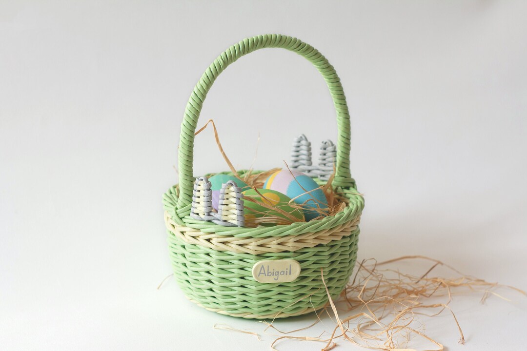 Easter Egg Hunt Basket - Green Wicker Basket With Bunny Ears ...