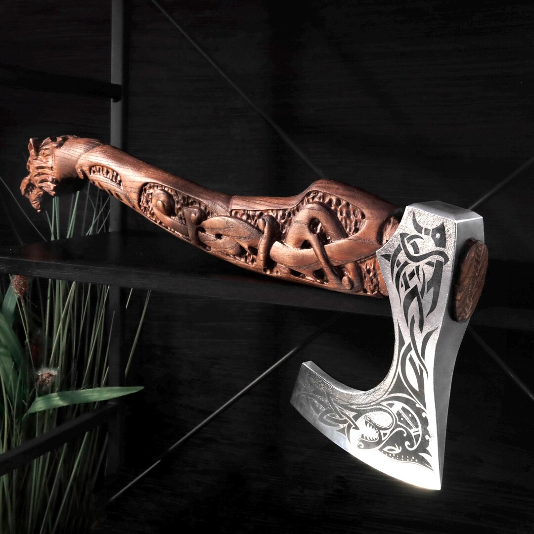 Viking Wolf Axe Functional - Hand-carved Fenrir Nordic Axe With Sheath ...