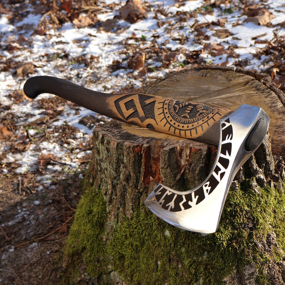 Viking War Axe Forged Hatchet Custom Battle Axe Beard Runic Axe ...
