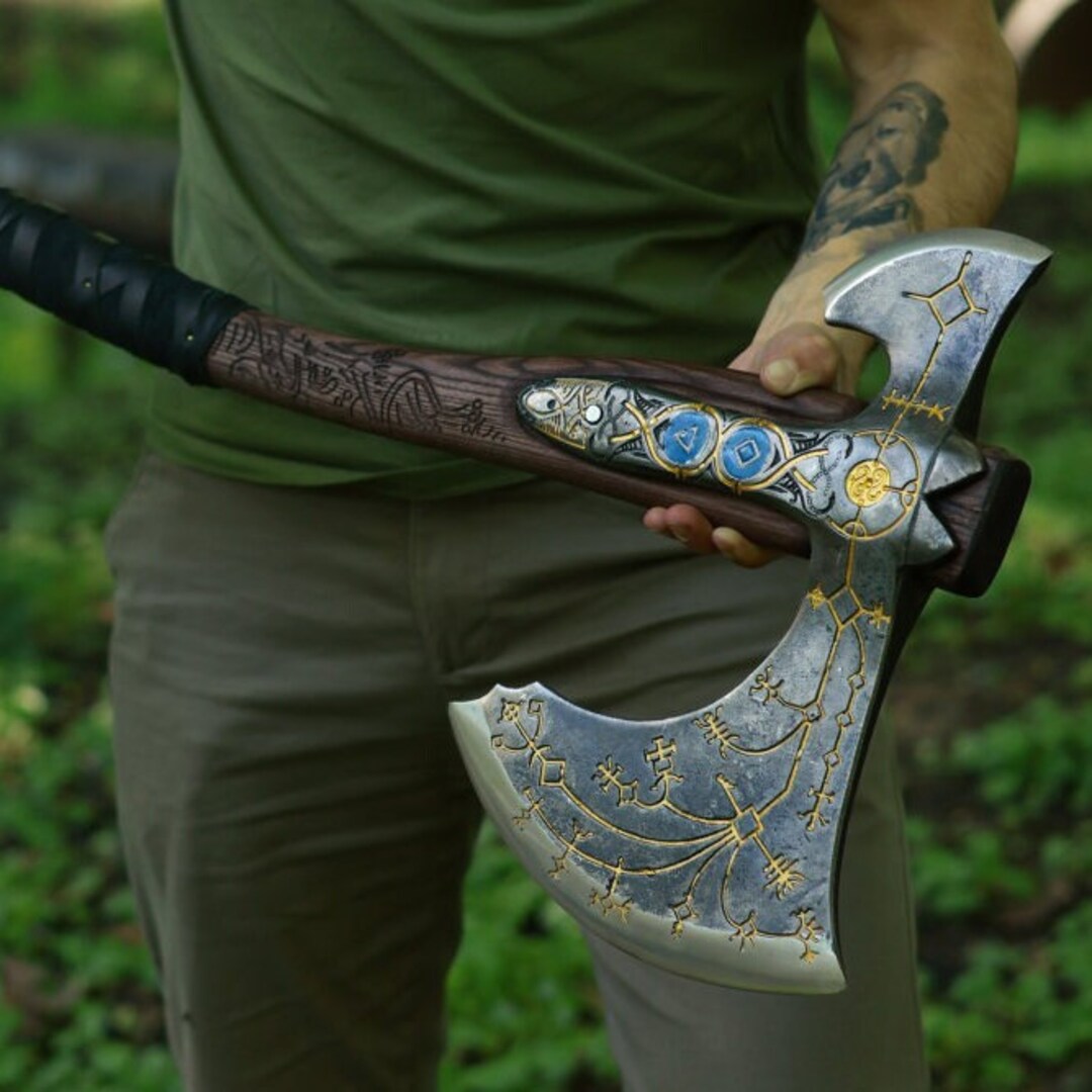 Kratos Leviathan Axe Metal, Forged Kratos Axe With Carved Handle Made ...