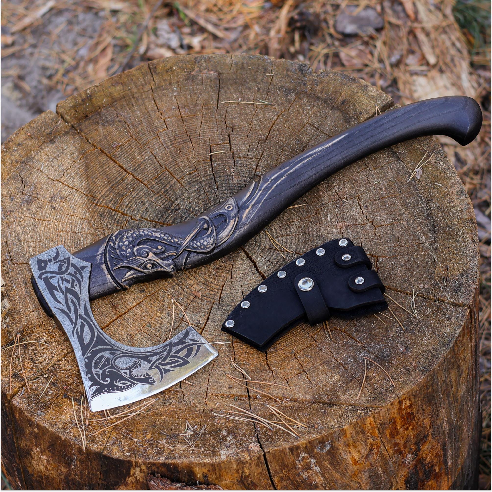 Hand Forged Fenrir Wolf Axe: Functional Viking Bearded Axe With Sheath ...
