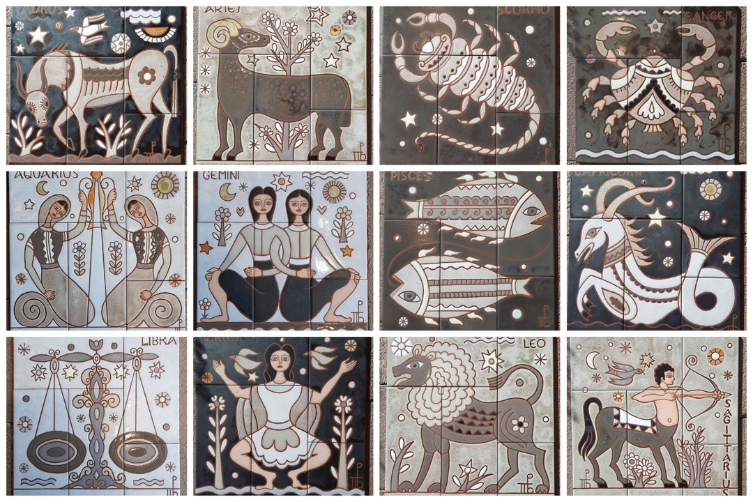 Complete Set of 12 Zodiac Signs Painted on Ceramic Tiles With Black ...