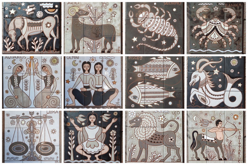 Complete Set of 12 Zodiac Signs Painted on Ceramic Tiles With - Etsy