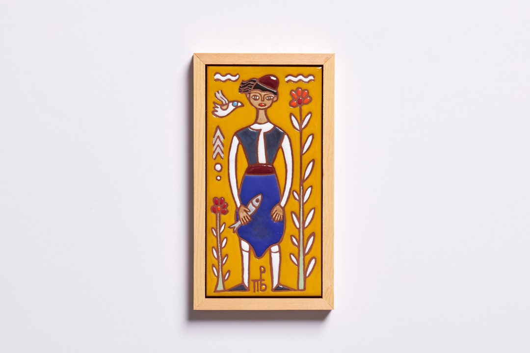 Greek Folk Art Man Handmade Ceramic Tile Mural Housewarming Gift Modern ...