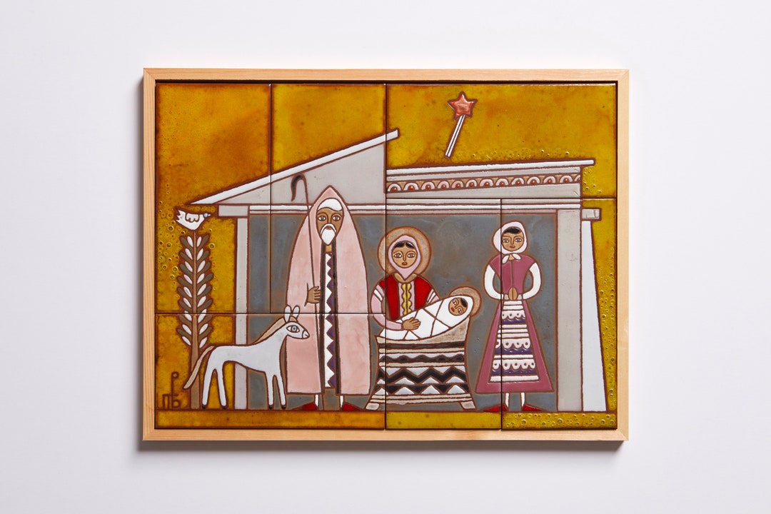 Nativity Scene Ceramic Tile Mural Greek Folk Art Colorful Christmas ...