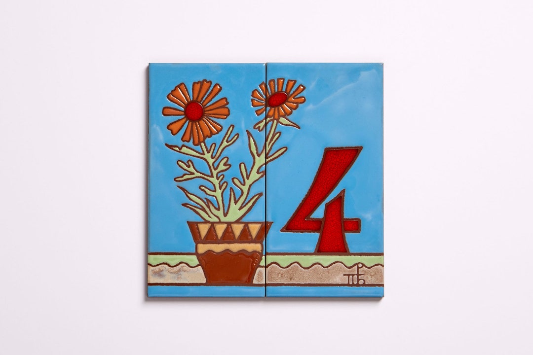 Handmade Ceramic Tile House Number Sign, Flower Pot Design - Etsy
