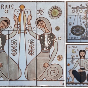 Complete Set of 12 Zodiac Signs Painted on Ceramic Tiles With Black ...