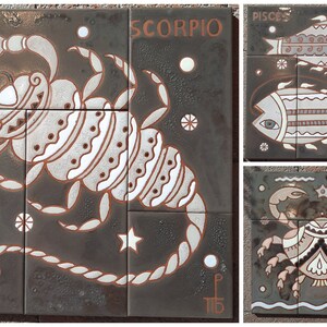 Complete Set of 12 Zodiac Signs Painted on Ceramic Tiles With Black ...