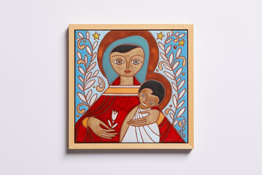 Virgin Mary Embracing Jesus Ceramic Tile Wall Art Motherhood Mother of ...