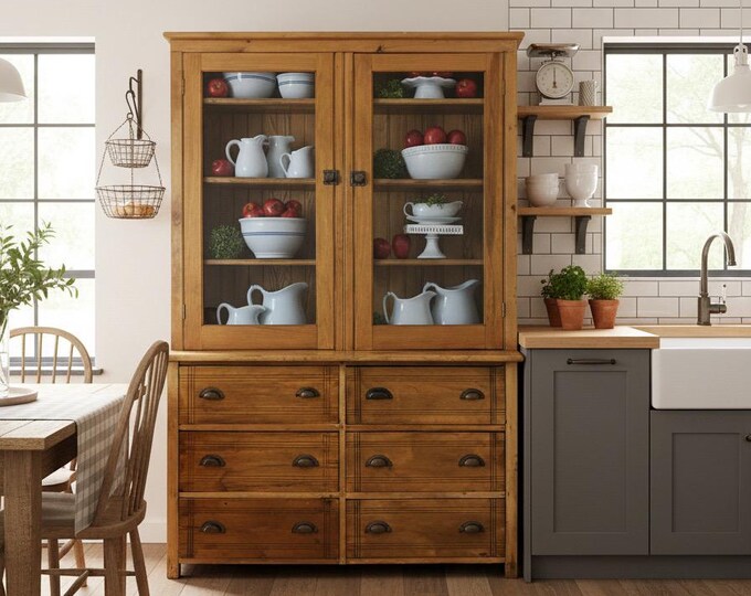 Primitive Farmhouse Step Back Hutch, Antique Glass Door Cabinet - Etsy