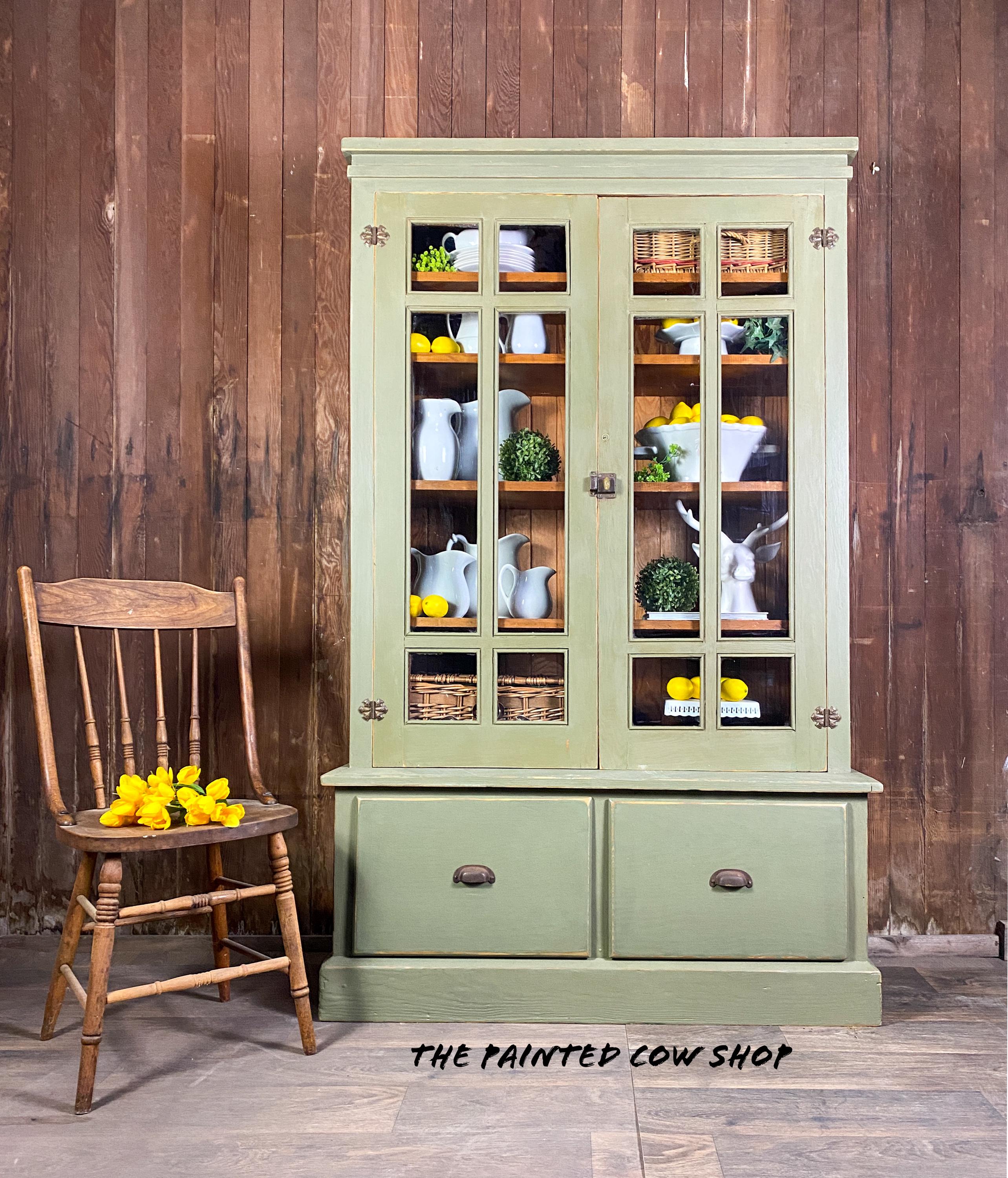 Primitive Olive China Cabinet, Vintage China Cabinet, Antique Glass ...