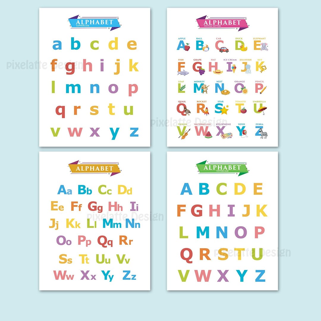 4 Alphabet Posters, Uppercase, Lowercase, Initial Alphabet. Learning ...