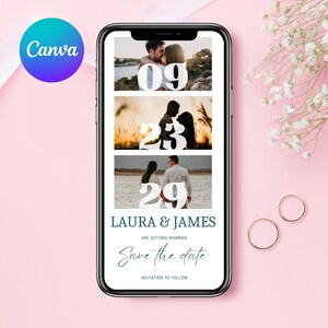 Photo Collage Wedding Invitation Template, Digital Save the Date, Canva ...