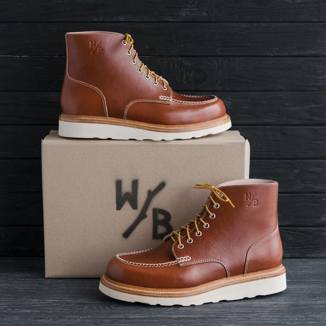Classic Moc Toe Cognac Brown Mens Leather Boots Handmade Lace up Boots ...