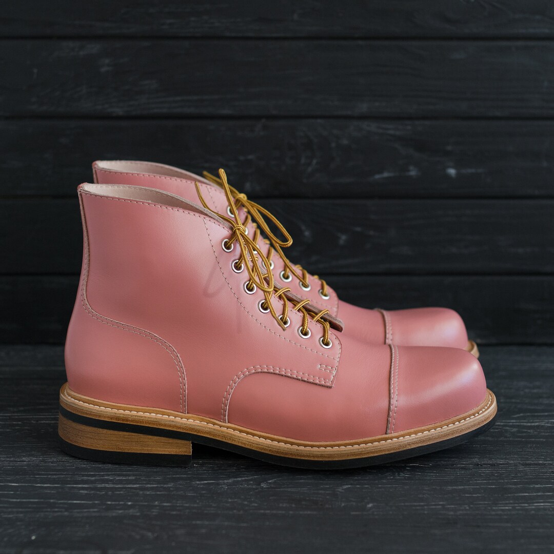 Pink Combat Boots, Cap Toe Leather Womens Boots, Handmade Mens Service ...