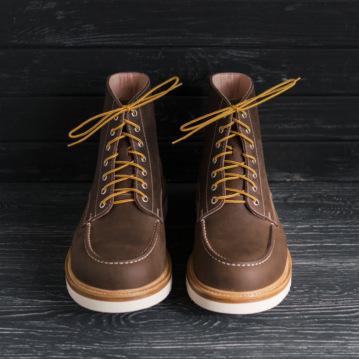 Moc Toe Brown Boots Handmade Oil Tanned Waxed Leather Mens - # ...