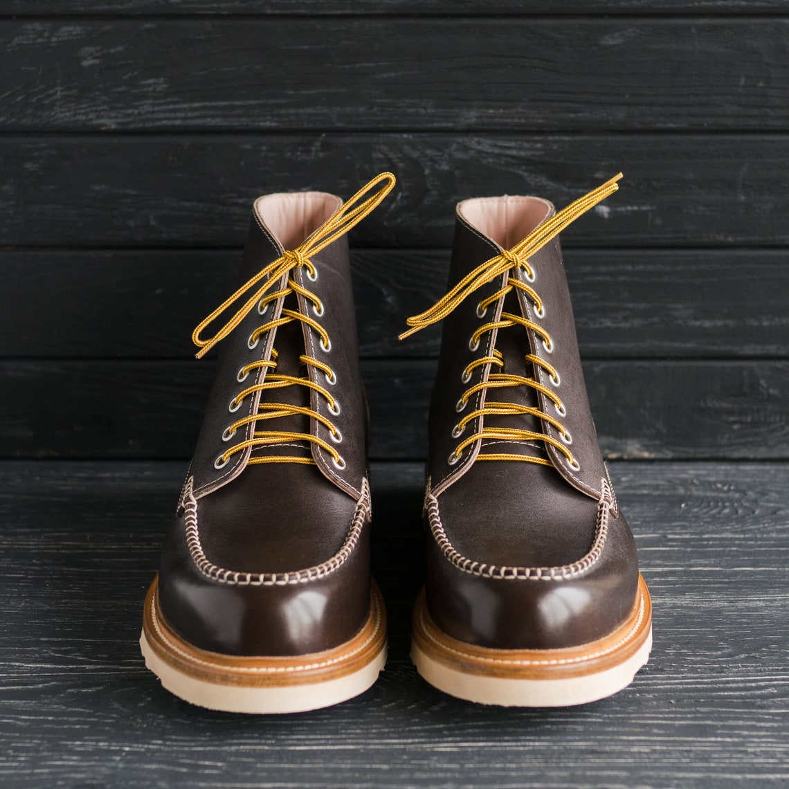 Classic Moc Toe Brown Leather Mens Boots for Work Custom Made by ...