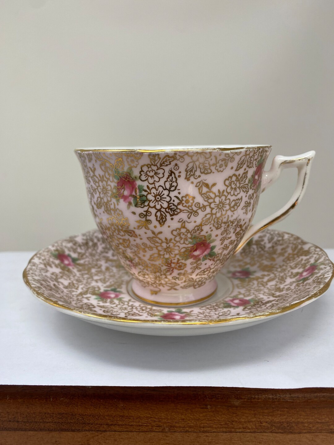 Melba Chinz Pink Background Gold and Rose Teacup and Saucer. - Etsy