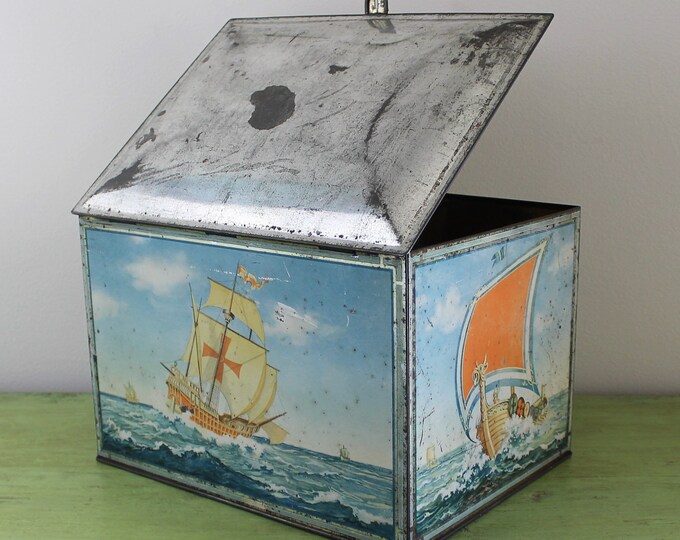 Vintage Metal Chest With Nautical Theme. Ships at Sea, Explorers ...