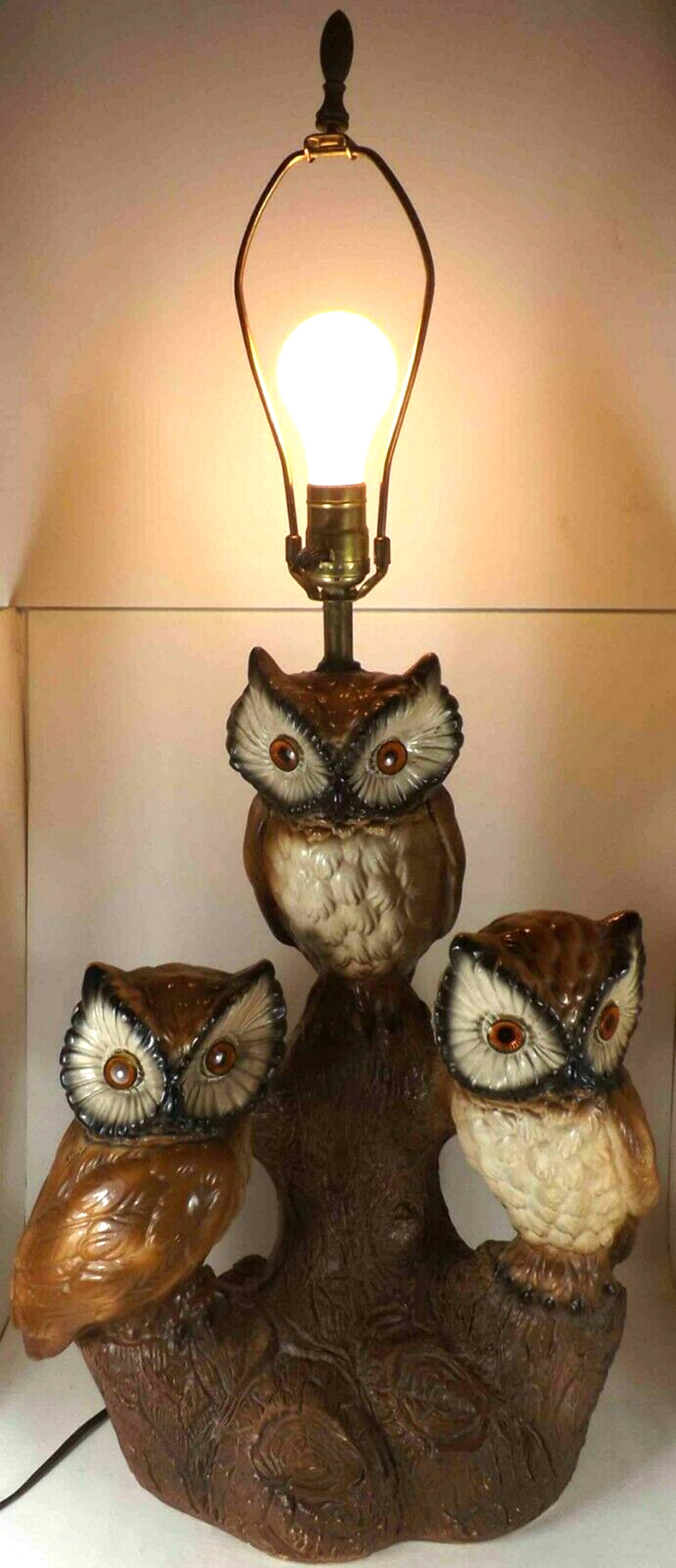 Table Lamp - Three Owls - Vintage - Chalkware - Plaster - Mid-century ...