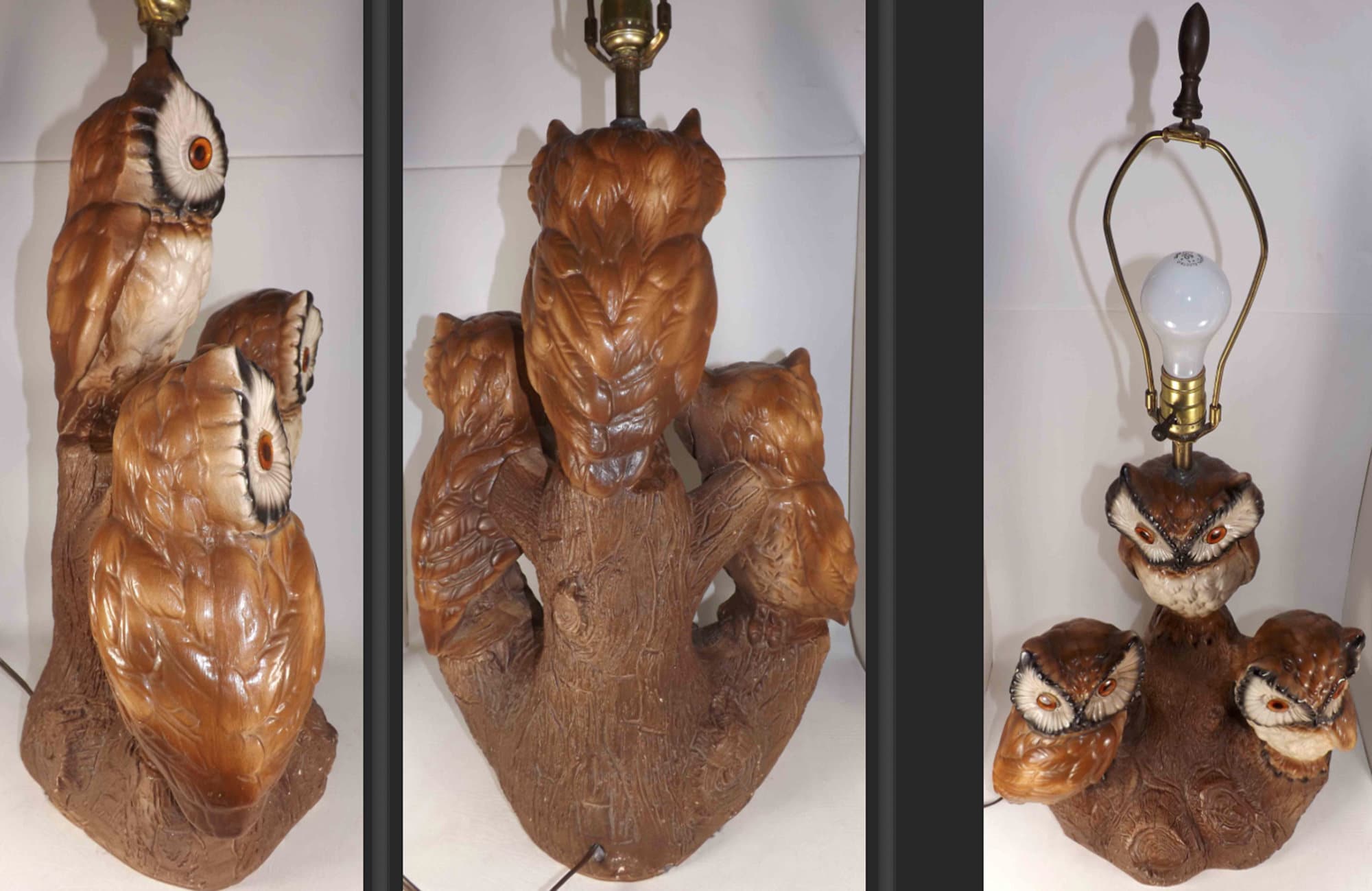 Table Lamp - Three Owls - Vintage - Chalkware - Plaster - Mid-century ...