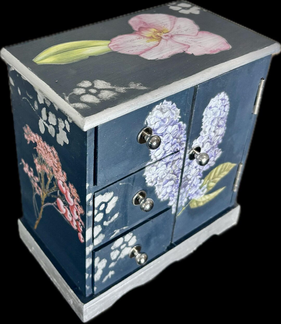 Painted Dark Blue Floral Jewelry Box, Jewelry Armoire, Jewelry Cabinet ...