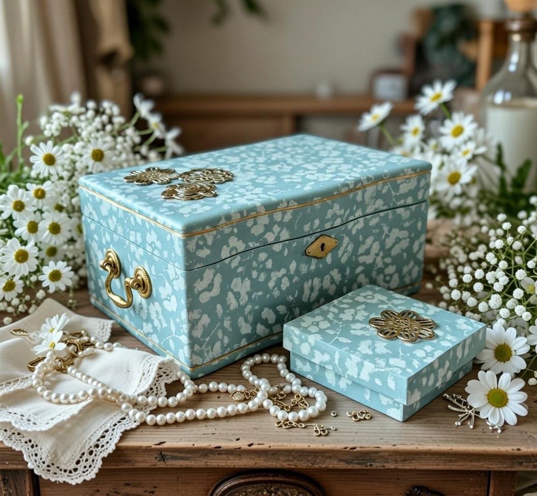 Upcycled Cottagecore Jewelry Box: Duck Egg Green, Floral Stencil ...