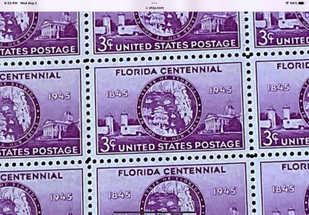 100 Mint Vintage Florida Stamps, 3 Cent Pink Postage, 1945 Centennial ...