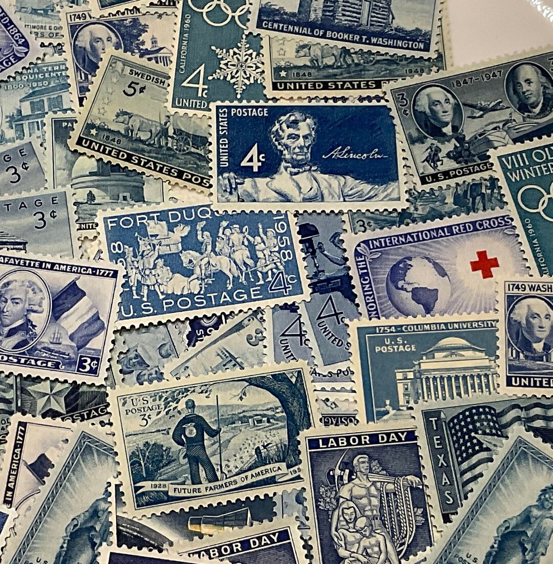 100 Unused VINTAGE BLUE Stamps Vintage Unused Postage US Stamps Shades ...