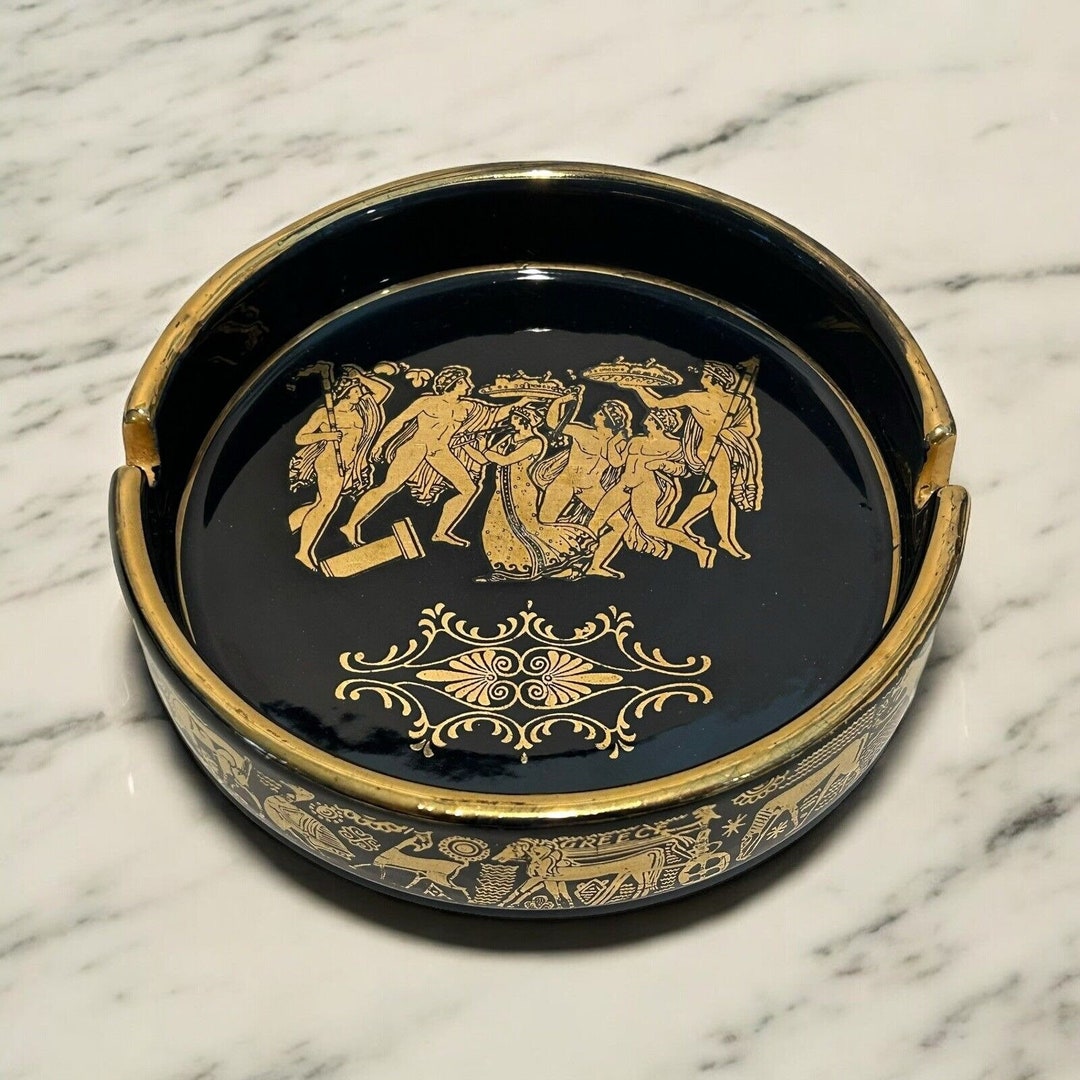 Vtg Greek Ashtray People Animals Horse Chariot Black 24kt Gold Trim ...