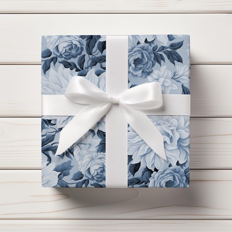 Dusty Blue Floral Wrapping Paper With Vintage-inspired Botanical ...