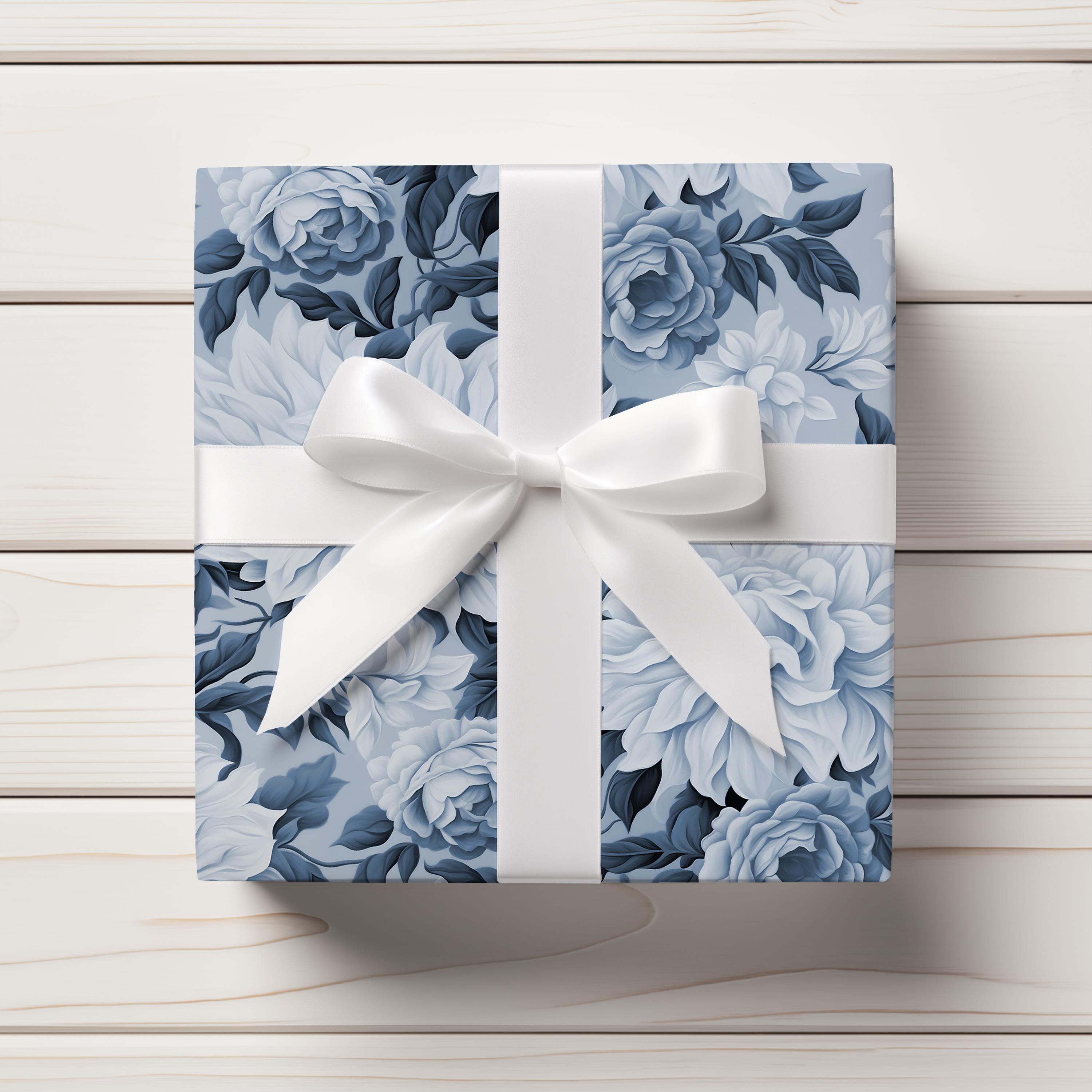 Dusty Blue Floral Wrapping Paper With Vintage-inspired Botanical ...