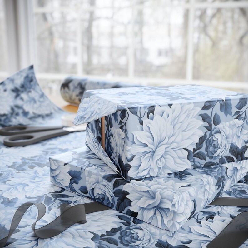 Dusty Blue Floral Wrapping Paper With Vintage-inspired Botanical ...