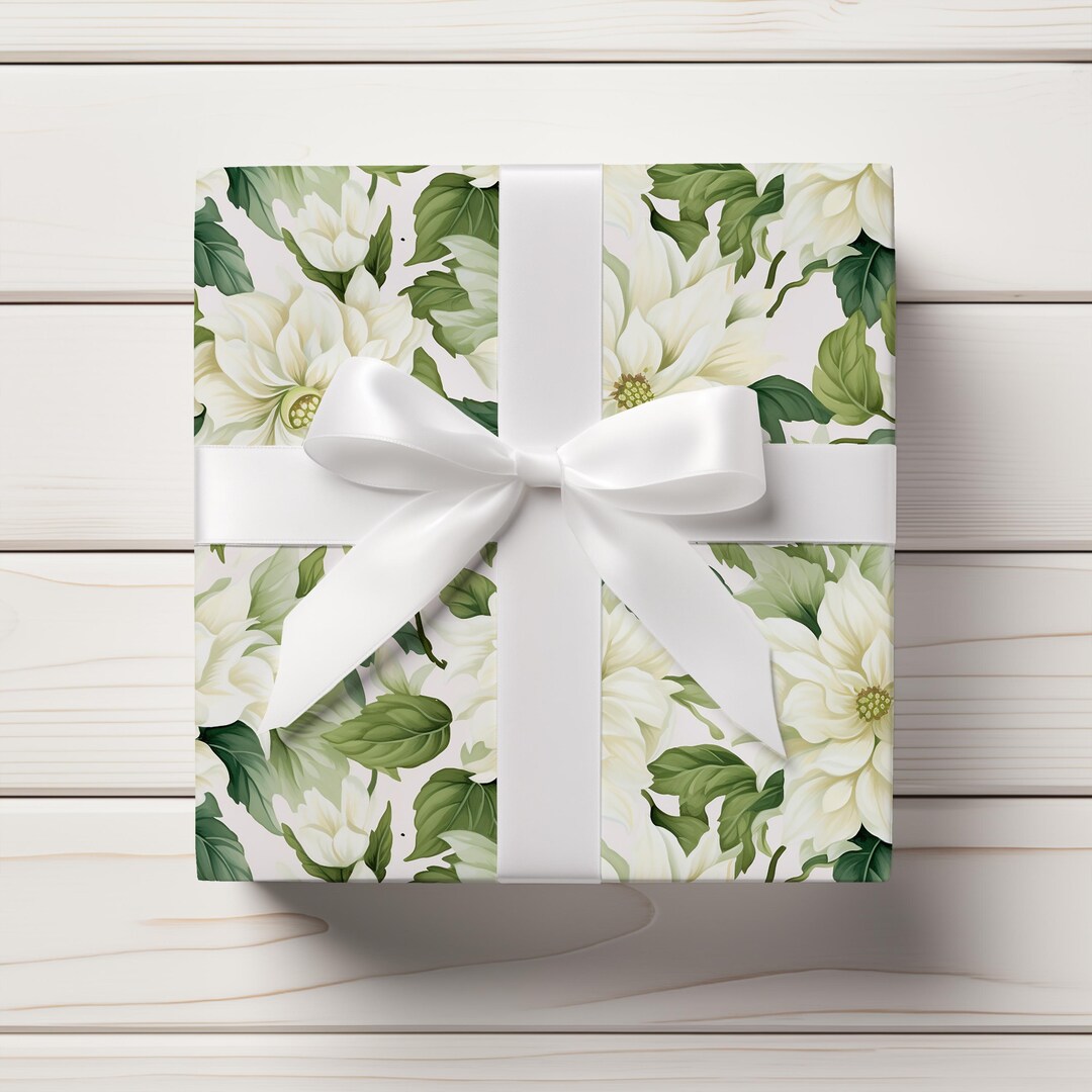 Elegant White Floral Wrapping Paper With Green Leaf Details, Perfect ...