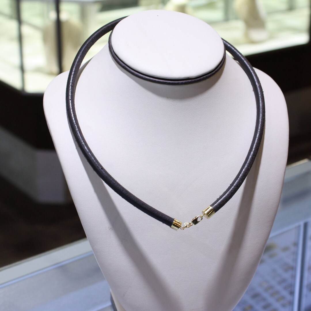 New Authentic Leather Rope Choker Black on 14k Yellow Gold Lobster Lock ...