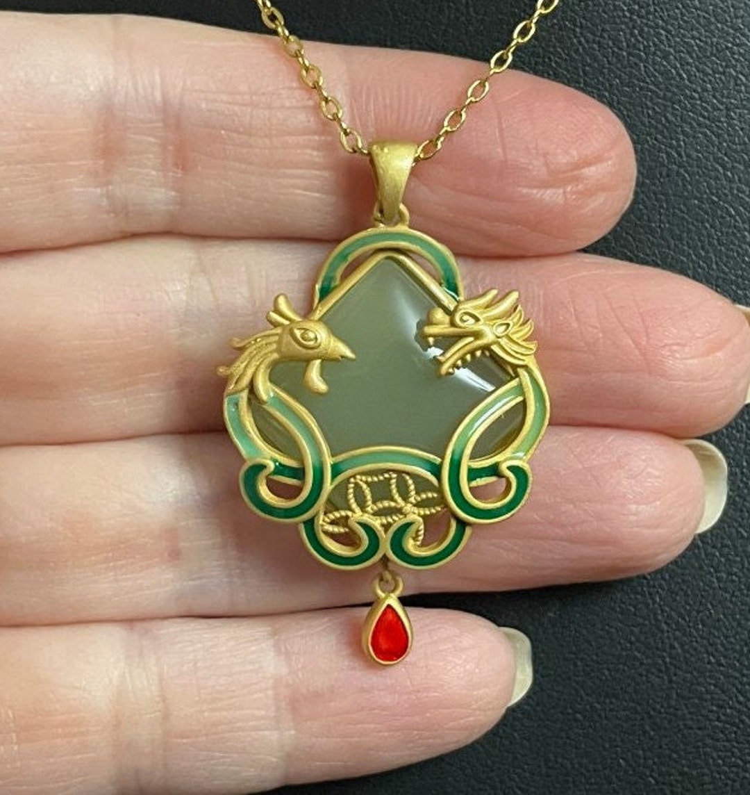Natural Jade Dragon and Phoenix Pendant Necklace Amulet, Gold/silver ...