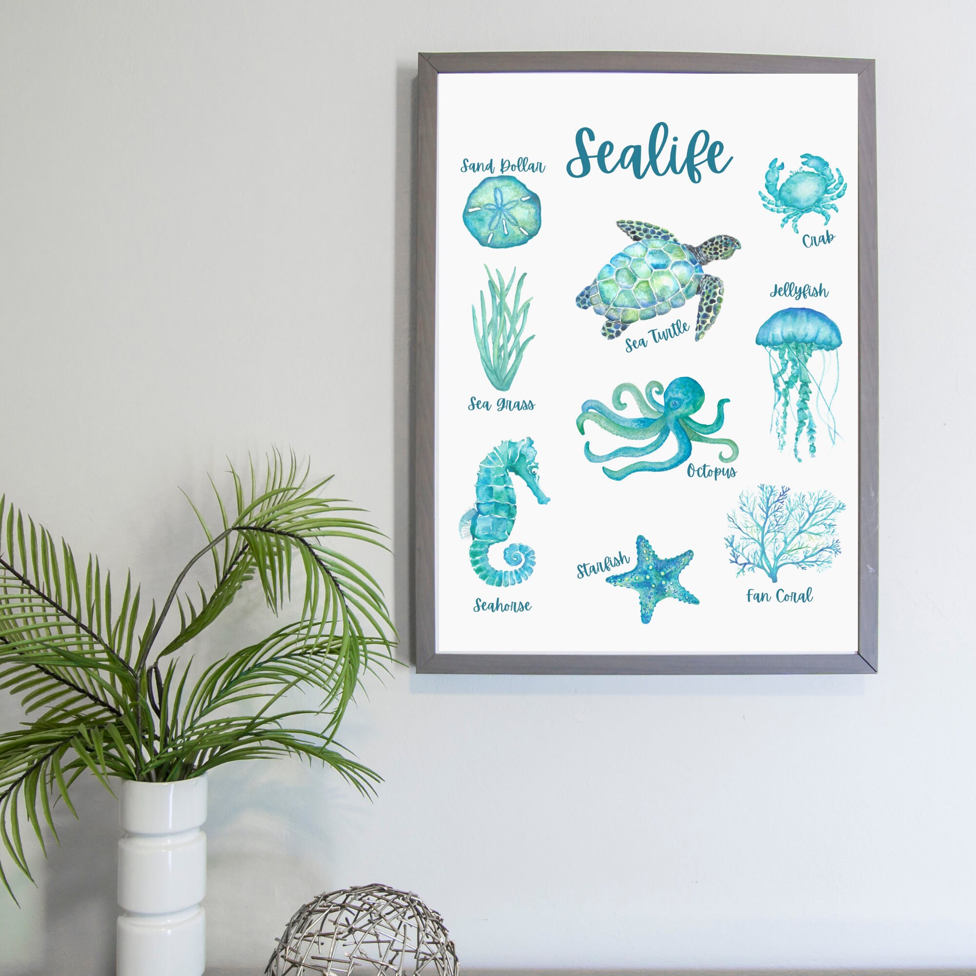 Unique Ocean Decor, Sealife Chart, Digital Download, Beach Room Art ...