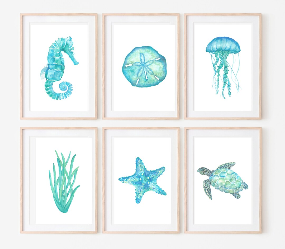 Ocean Prints, Set of 6, Seahorse, Sanddollar, Jellyfish, Seagrass ...