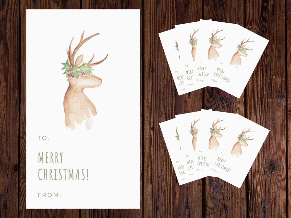 Printable Christmas Gift Tags, Deer With Holly Printable Digital File ...