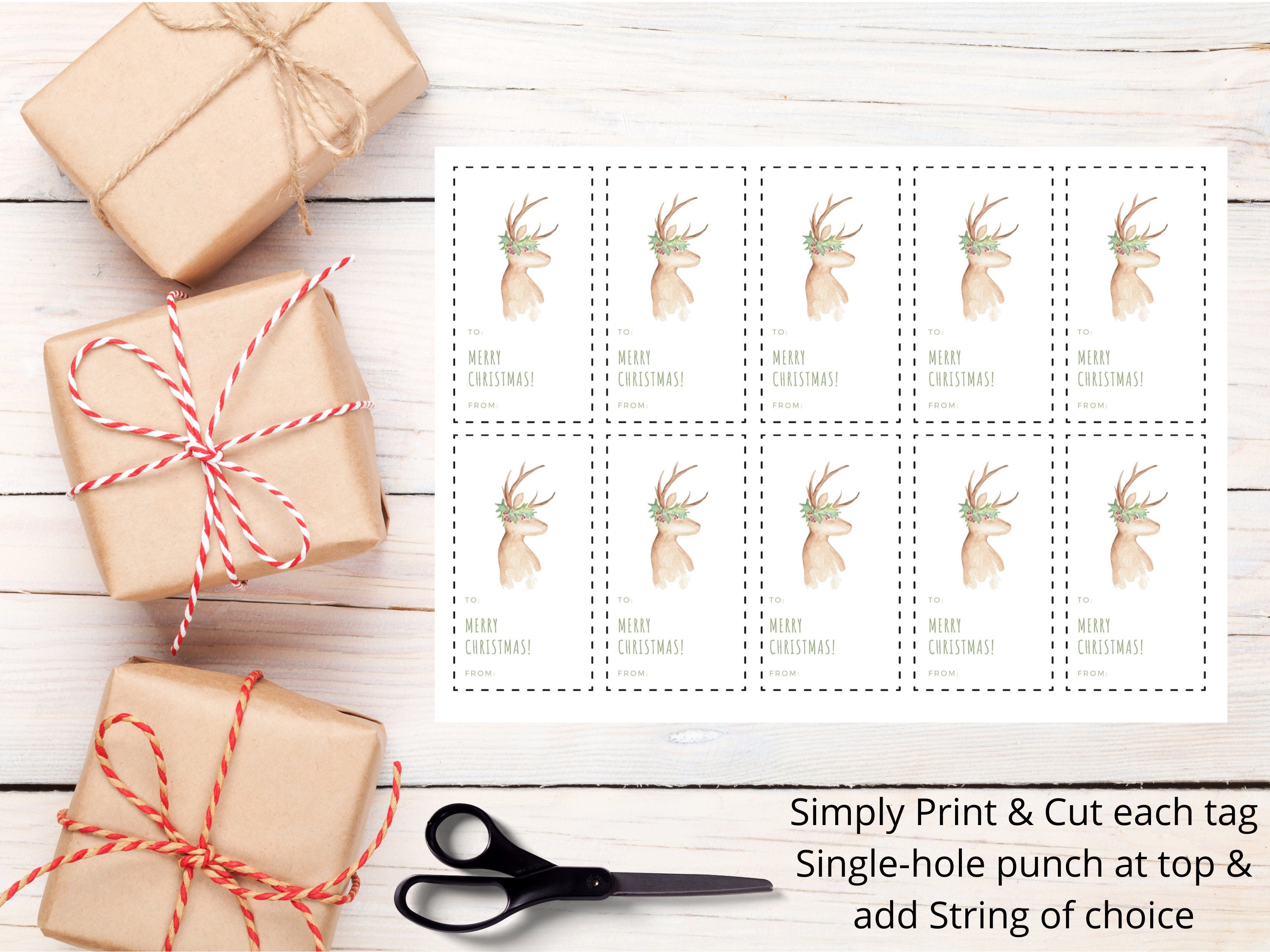 Printable Christmas Gift Tags, Deer With Holly Printable Digital File ...