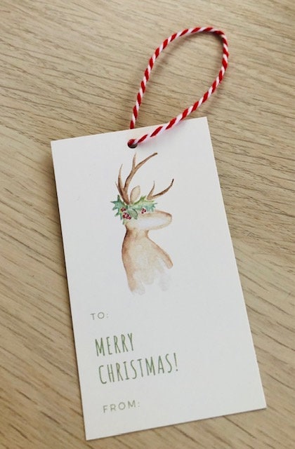 Printable Christmas Gift Tags, Deer With Holly Printable Digital File ...