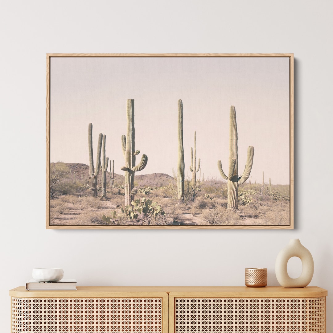 Desert Cactus Wall Art, Modern Boho Stretched Canvas, Blush Pink Decor ...