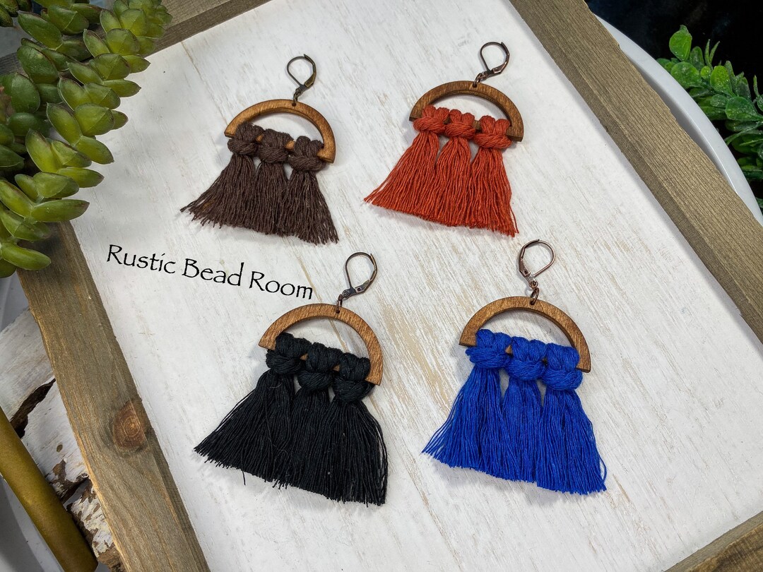 Wooden Macrame String Art Earrings, Nickel Free Earrings, Long Dangle ...