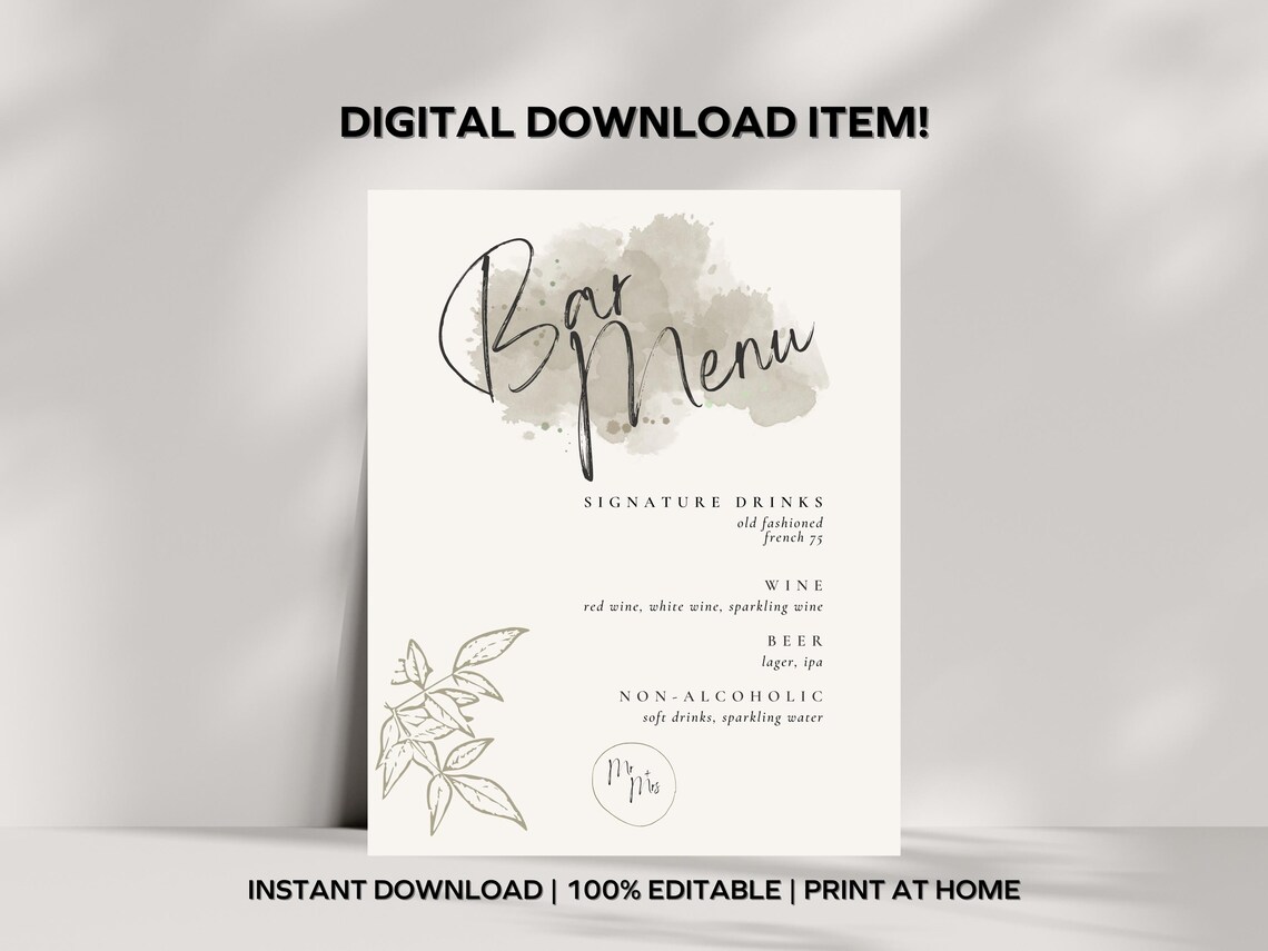 Elegant Bar Menu for Wedding Reception, Canva Template, Signature ...