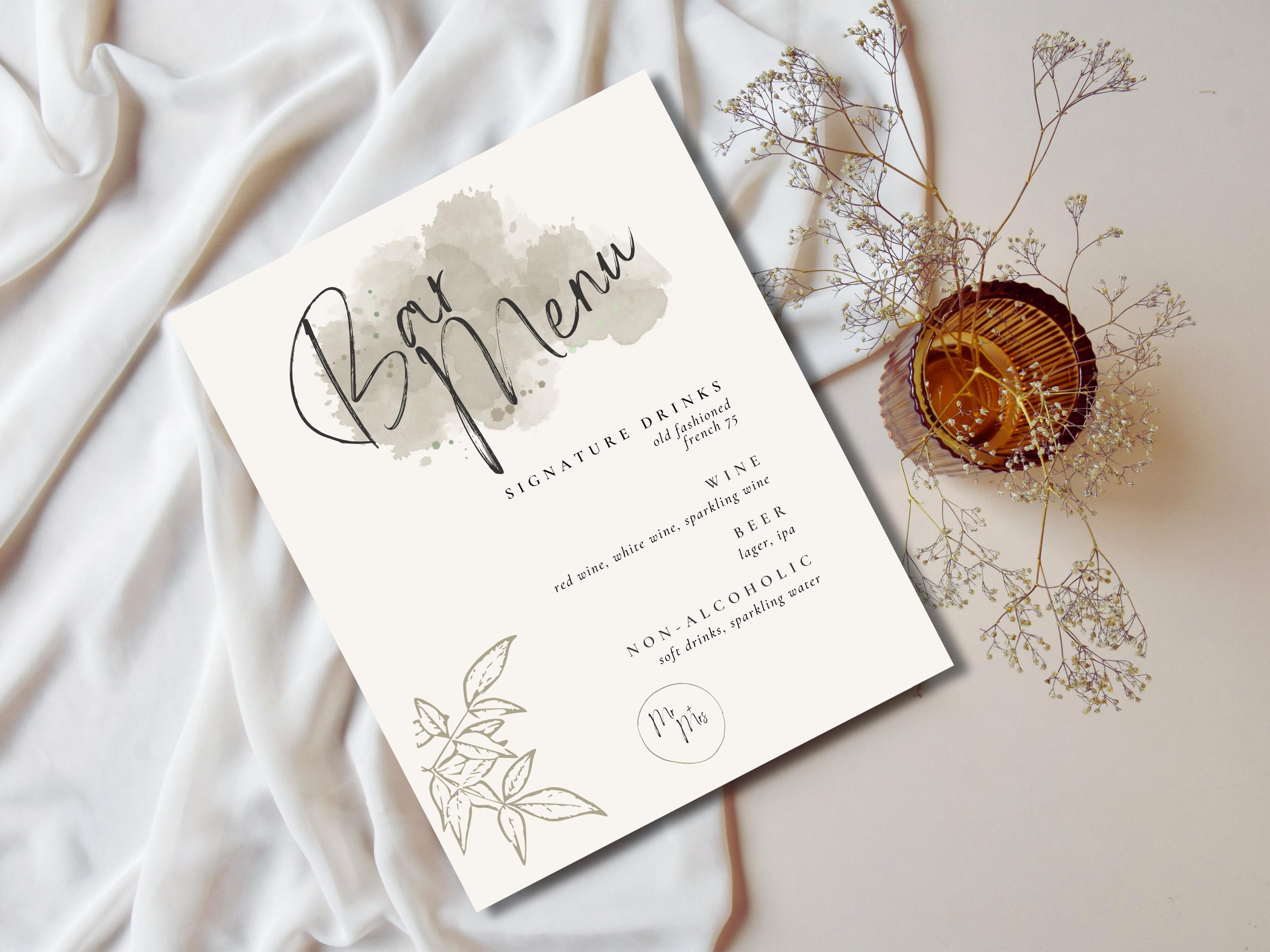 Elegant Bar Menu for Wedding Reception, Canva Template, Signature ...