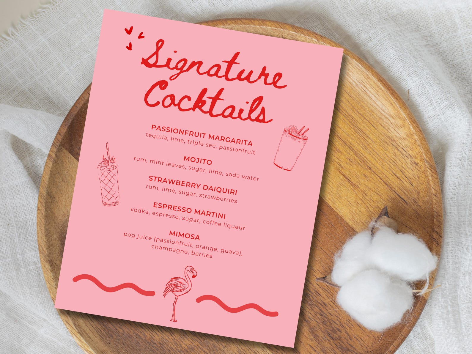 Pink Flamingo Pool Party Cocktail Menu Template | Canva Bar Sign for ...