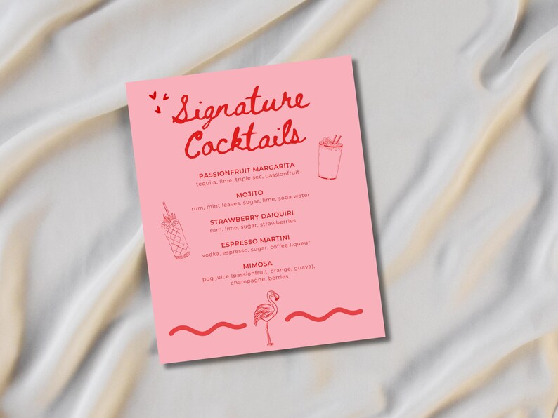 Pink Flamingo Pool Party Cocktail Menu Template | Canva Bar Sign for ...