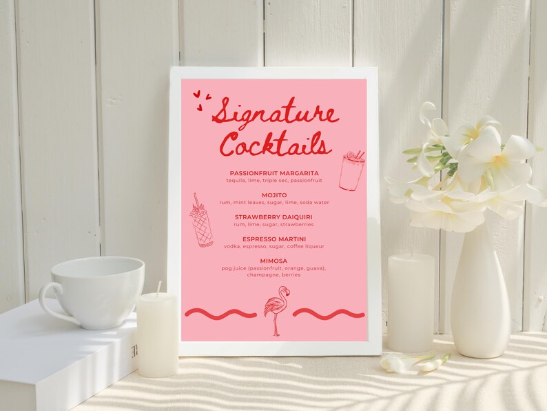 Pink Flamingo Pool Party Cocktail Menu Template | Canva Bar Sign for ...