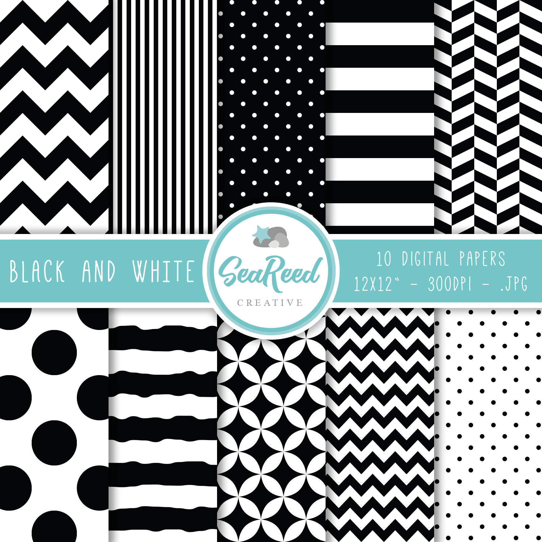 Black and White Digital Paper, Black Stripes, Black Herringbone ...