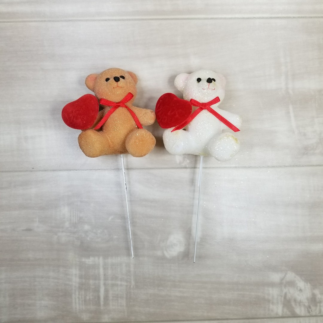 Glitter Teddy Bear With Heart Pick-valentine Teddy Bear Pick-plastic ...